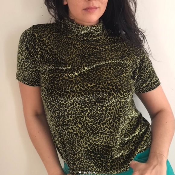 Vintage | Tops | Vintage Velvet Green Leopard Print Mock Neck | Poshmark